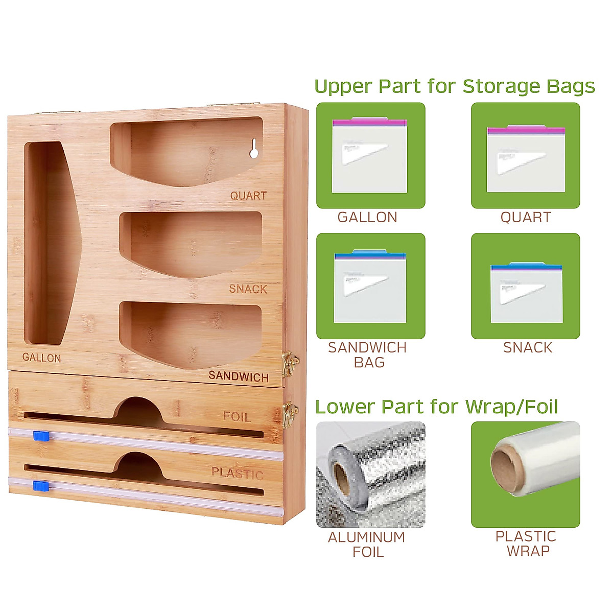 PUNNIO 6 in 1 Ziplock Bag Organizer/Foil & Plastic Wrap Dispenser Cutter, Wall Mounted for Storage, Gallon Quart Sandwich Snack