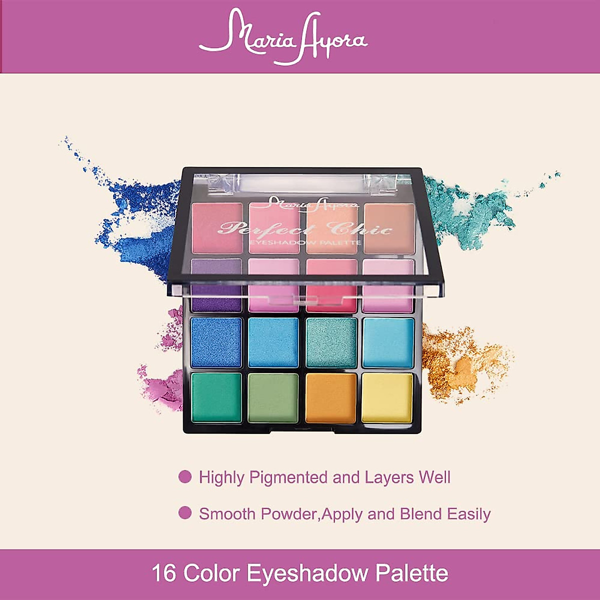 MARIA AYORA Professional Eyeshadow Palette Makeup,16 Colors Ultimate Highly Pigmented Eye Shadow Cosmetics Pallet,Brights,1 Count
