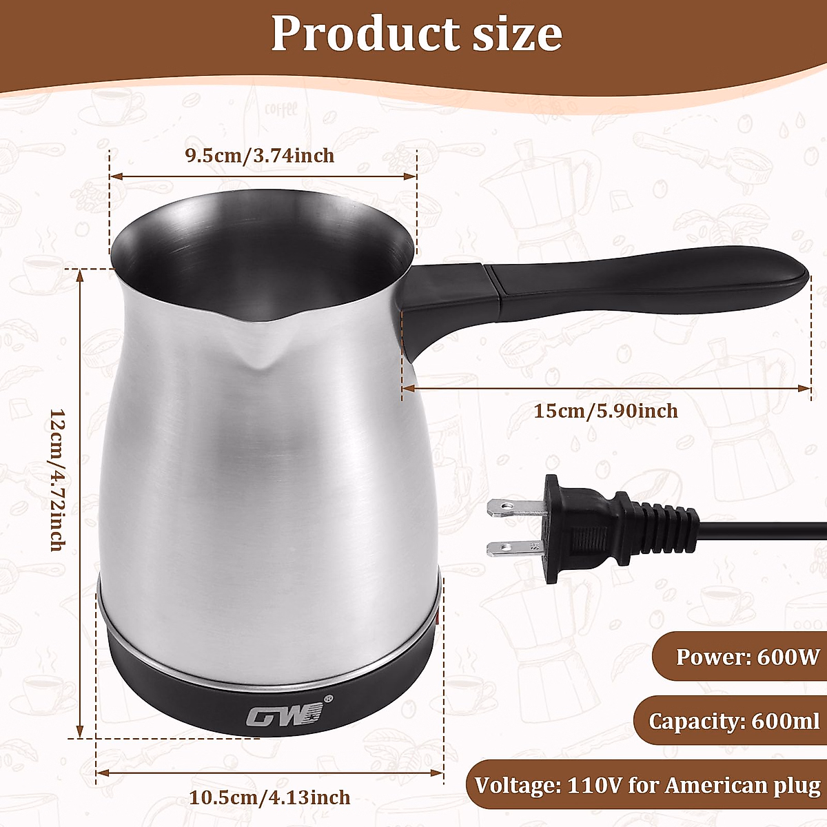 LYIYEYAN Turkish Coffee Maker, 600ml Stainless Steel 110V Turkish Coffee Machine, 5 to 6 Cups Capacity Turkish Coffee Pot, Electric Coffee Maker, Warmer Kettle with Ergonomic Handle for Home Travel