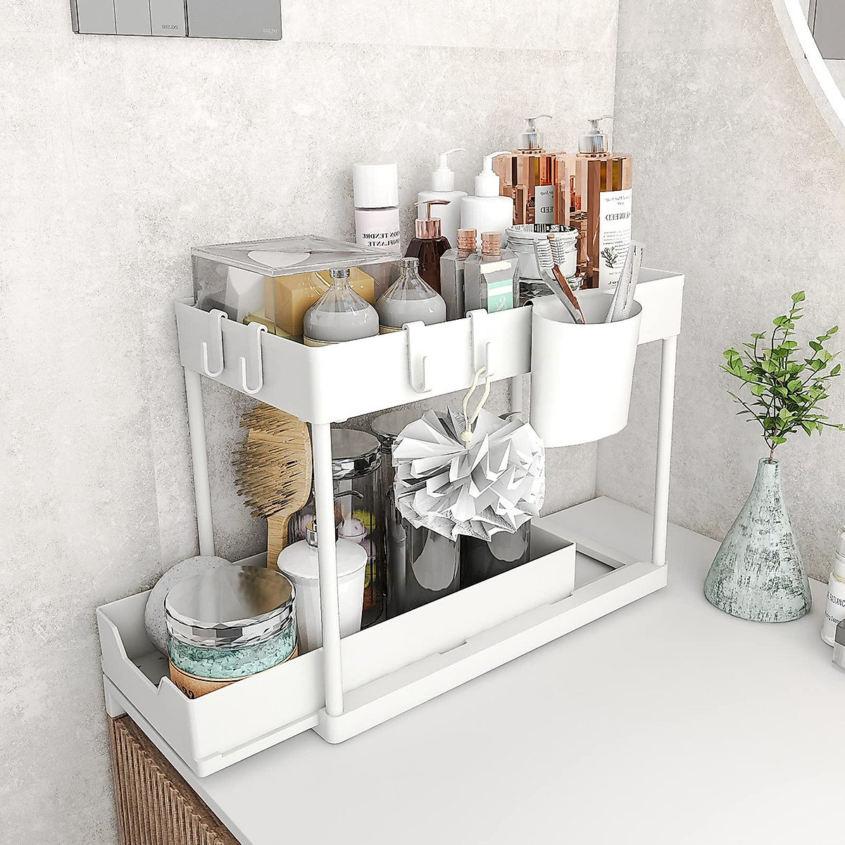 Usbalano 2-Tier Under Sink Organizer, Sliding Under Bathroom Cabinet Storage Drawer Organizer with Hooks, Hanging Cup, Multi-purpose Under Sink Shelf Organizer, White
