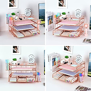 Spacrea Desk Organizers and Accessories - 4 Tier Letter Tray Paper Organizer with Drawer and 2 Pen Holder, Desktop File Organizer for Office Supplies(Rose Gold)
