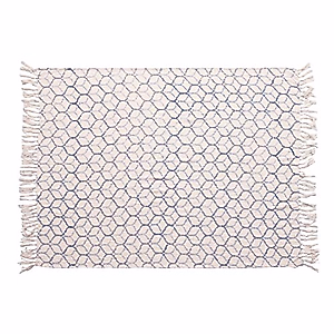 Creative Co-Op Stonewashed Cotton Blend Ogee Pattern & Tassels, Blue & Cream Color Throw