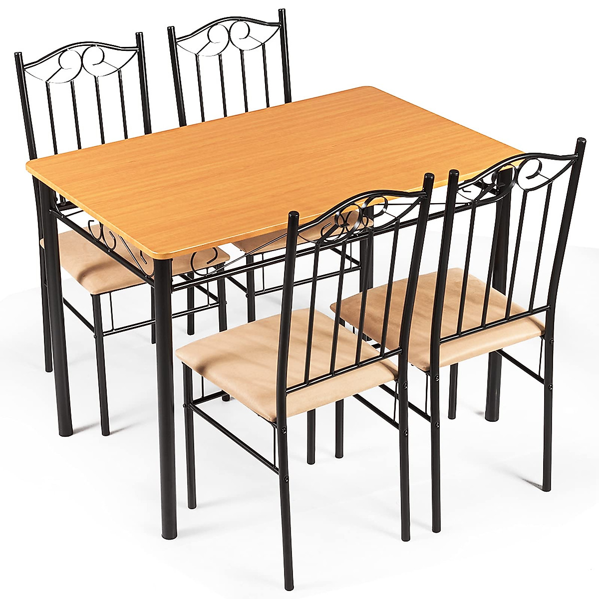 COSTWAY 5 Pcs Dining Table Set, with Metal Framework, Modern Dining Table Set, 5-Piece Dining Room Set, Kitchen Table with 4 Chairs for Home, Restaurant and Café