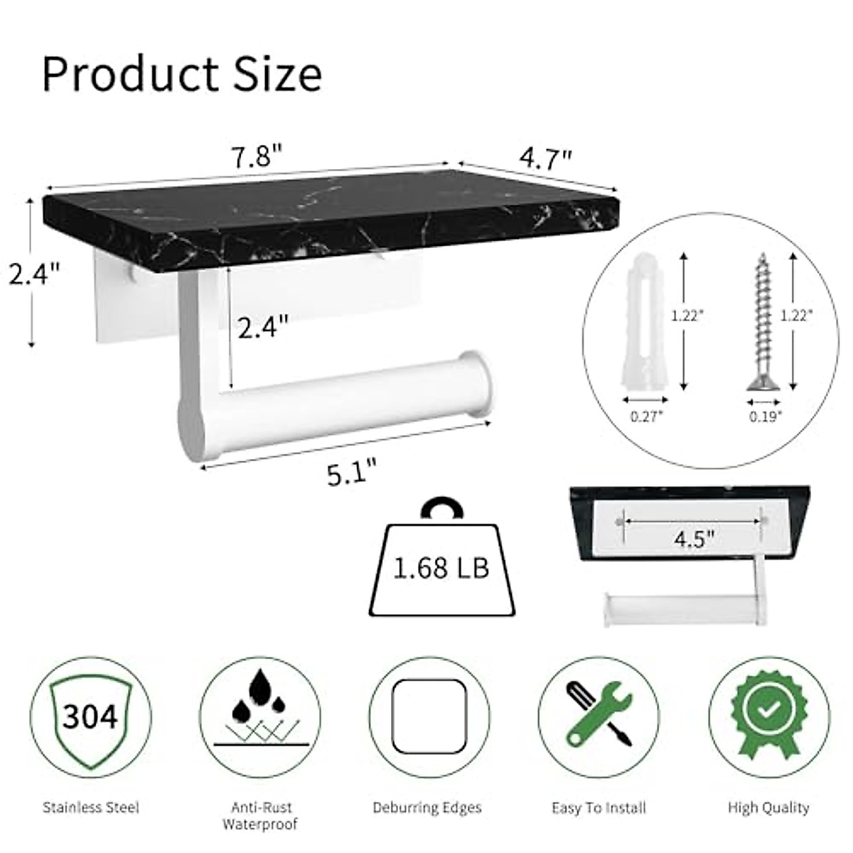 Toilet Paper Holder with Shelf，Wall Mounted Black Toilet Paper Holder，Marble Tissue Roll Holder for Bathroom Washroom(Middle 7.87 * 4.72 in)