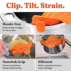 Kitchen Gizmo Snap N Strain Pot Strainer and Pasta Strainer - Adjustable Silicone Clip On Strainer for Pots, Pans, and Bowls - Kitchen Colander - Orange