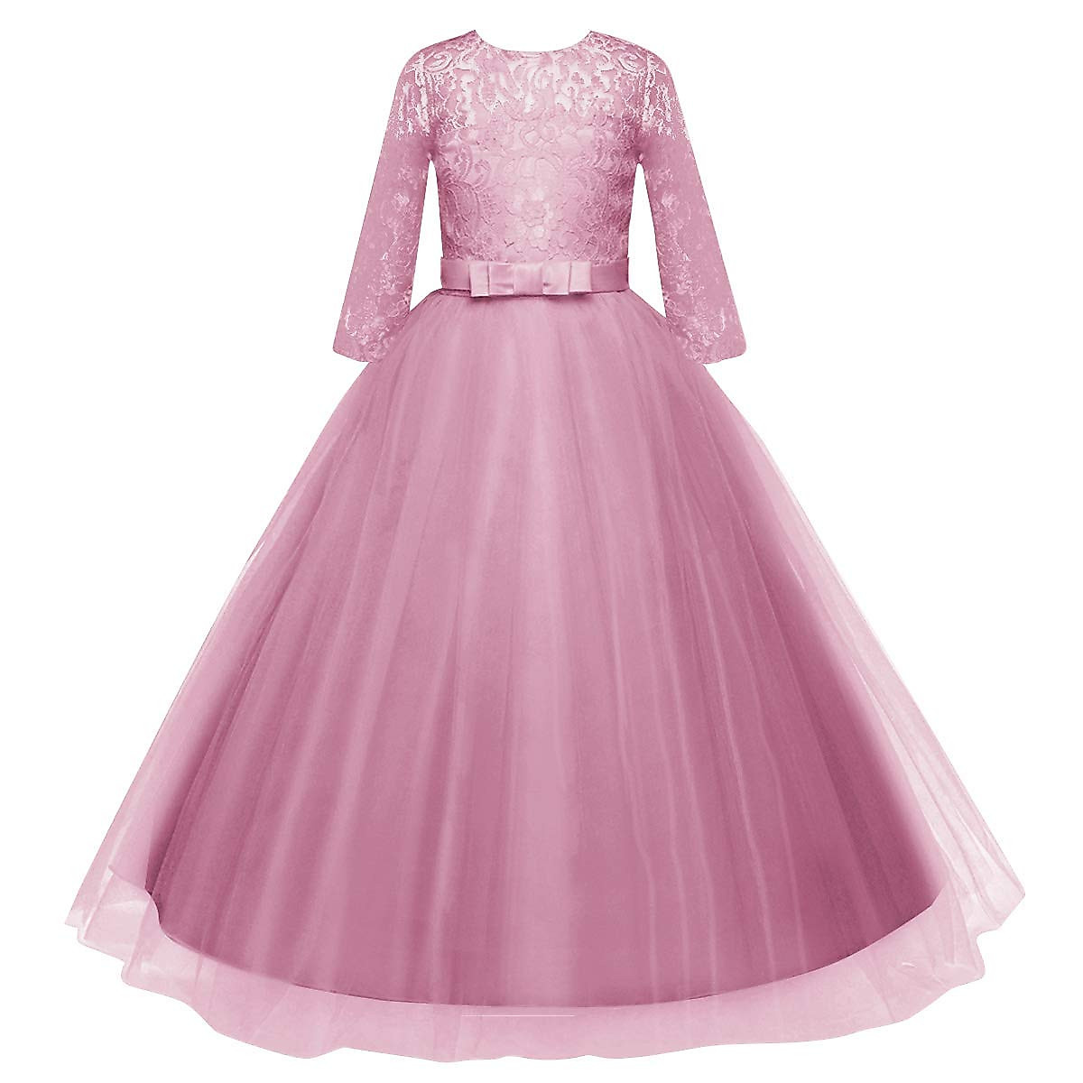 Flower Girl Long Princess Dress Vintage Lace Maxi Gown Kids Formal Wedding Bridesmaid Pageant Tulle Dresses Little Big Girls Elegant Bowknot Dance First Communion Birthday Prom Dresses Dark Pink 7-8Y