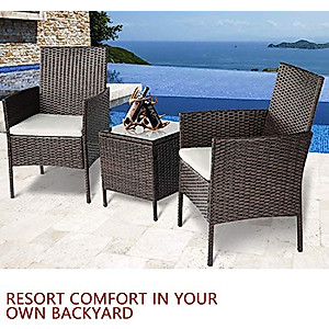 Cemeon 3-Piece Patio Bistro Set Outdoor Conversation Set, Brown Wicker Porch Chairs Set Garden Furniture with Coffee Table (Beige Cushion)