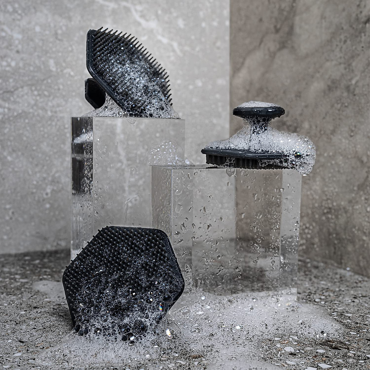 Tooletries - The Ultimate Scrubber Set - Silicone Shower Scrubber for Body with Shower Hook & Face Exfoliator Brush with Holder - Shower Accessories, Removable & Reusable - Charcoal