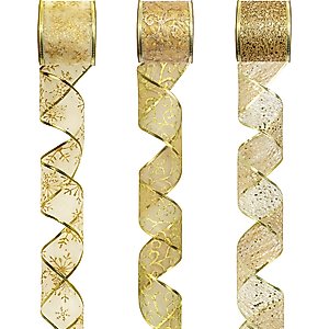 2.5'' Christmas Tree Ribbon Wired, 3 Rolls 30 Yards Gold Christmas Ribbon Mesh Swirl Sheer Glitter Snowflake Organza Ribbon for Christmas Tree Decorations Gift Wrapping, Crafts Garland Xmas Wreath