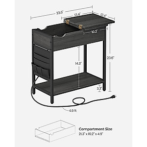 VASAGLE Side Table with Storage, End Table with USB Ports and Outlets, Nightstand with Charging Station, Fabric Bags, for Living Room, Bedroom, Ebonized Oak Finish and Black ULET310B42