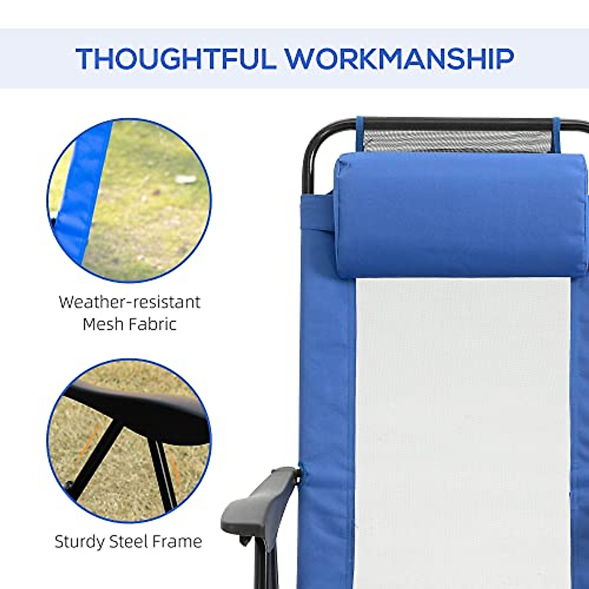 Outsunny Set of 2 Folding Patio Chairs, Camping Chairs with Adjustable Sling Back, Removable Headrest, Armrest for Garden, Backyard, Lawn, Blue