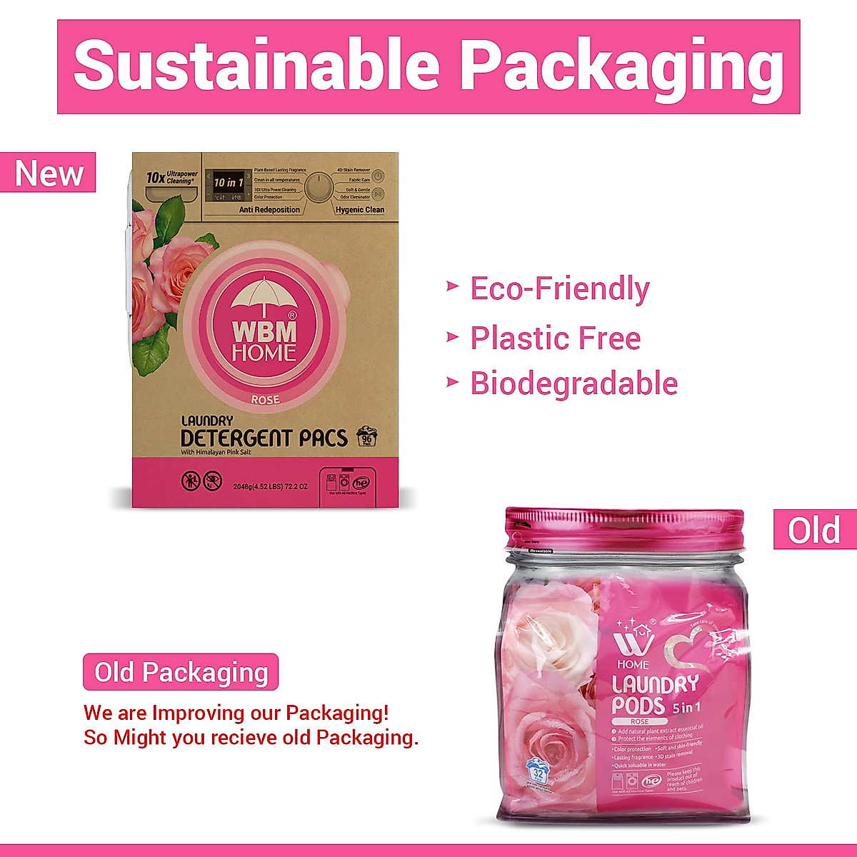 Natural Solution 5-in-1 Laundry Pods, Total 96 Count, Ultra Concentrate with Powerful Stain Lifter Technology, Fabric Softener With Rose Extracts, Detergent Pods, 32 Count/Each (Pack of 3)