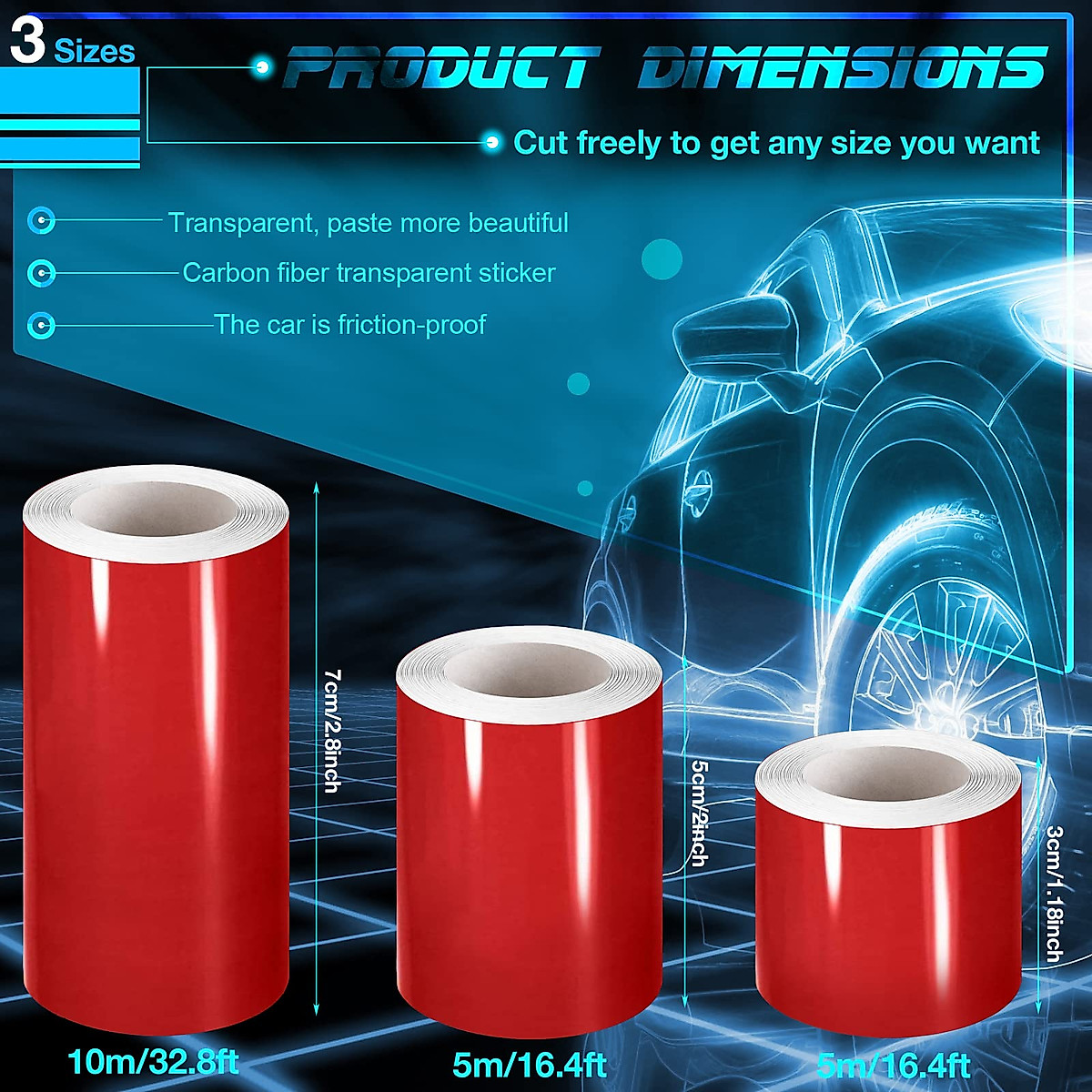 Ireer 3 Rolls Red Gloss Vinyl Detailing Wrap Tape Adhesive Vinyl Tape Roll DIY Trim Vinyl Wrap for Cars Automotive Vinyl Wrap Rolls with Tools for Auto Window Door Protector, 1.97 in 2.76 in 3.94 in