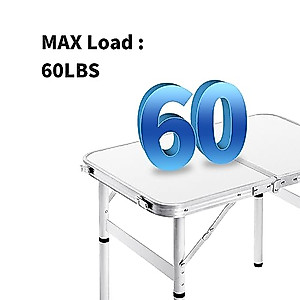 Moosinily 2 Feet Outdoor Folding Table Aluminum Lightweight Small Picnic Table Ajustable Height Portable Table with Carry Handle for Beach, Picnic, Indoor, White