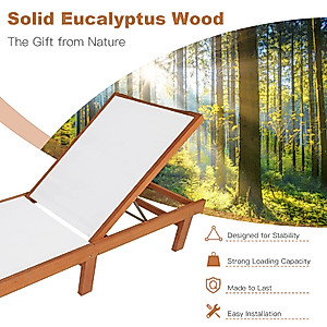 Tangkula Outdoor Wood Chaise Lounge Chair, Patio Chaise Lounger with 5-Postion Adjustable Back, Eucalyptus Wood Reclining Lounge Chair with Breathable Fabric for Poolside Lawn Backyard (2, White)