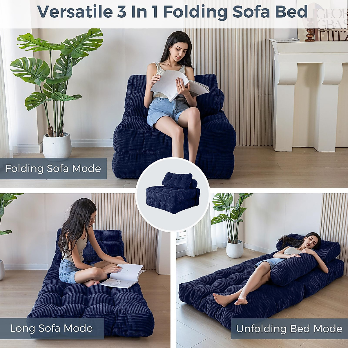 MAXYOYO Folding Sofa Bed, Convertible Sleeper Chair with Pilow Foldable Matress with Back Support, Portable Fold Out Chair Bed Comfy Floor Sofa Lounge for Living Room, Single