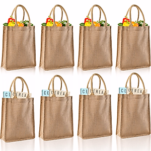 DEAYOU 8 Pack Jute Burlap Tote Bags, Burlap Gift Totes with Handles, Jute Beach Bags Reusable Lined Grocery Totes for Bridesmaid, DIY, Shopping, Pool, Wedding, 9.8''x11.8''x3.9'', Natural