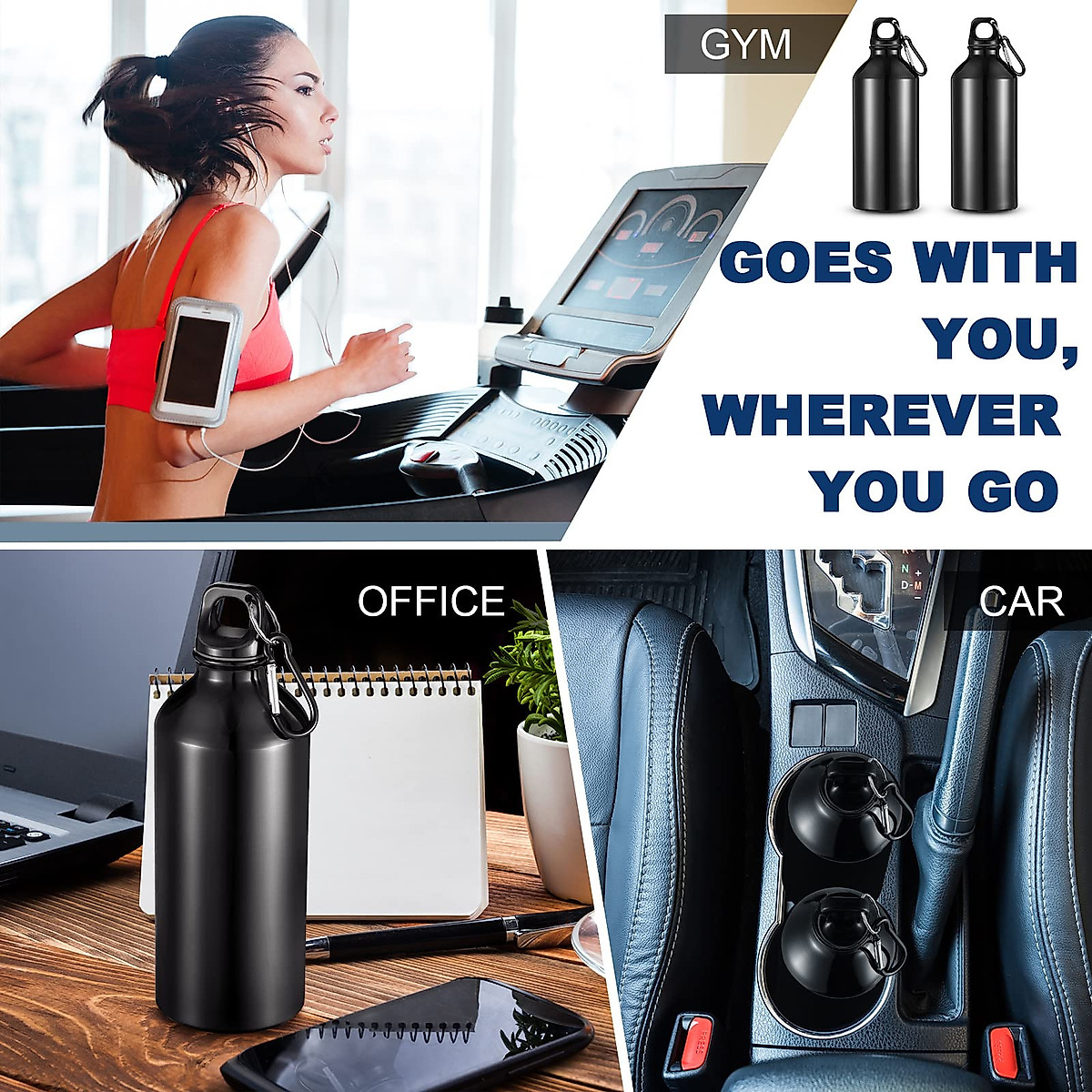 CHENGU 10 Pcs Aluminum Water Bottle 20 oz Reusable Bottles Lightweight Leak Proof Aluminum Sports Travel Bottles with Twist Cap Buckle for Gym, Hiking, Cycling, Camping, Fishing(Black)