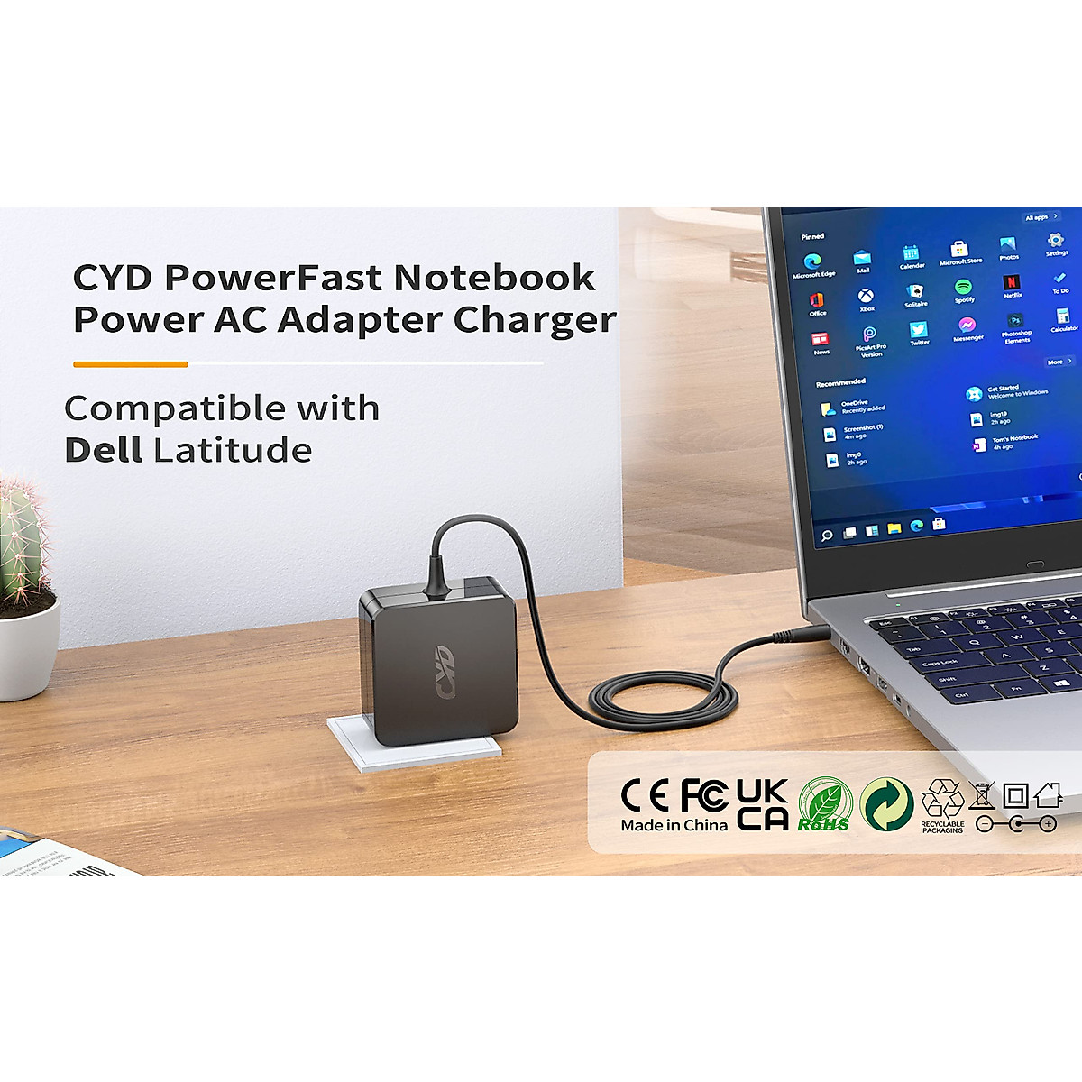 CYD 65W Laptop Power Cord Compatible for Dell Vostro Charger P28F PP29L PP39L P02E P17E P25F P39F PP02X PP04X PP05L PP08L DA65NM111 Latitude Vostro Precision Studio Xps Extra 8.2 Ft Power-Cable