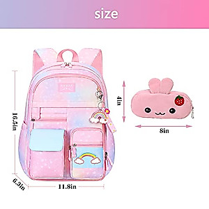 Kawaii Backpack Pink Girls Backpack Starry Rainbow Bookbag Cute Fashion Backpack Laptop Travel Bag (Pink-16.5in)