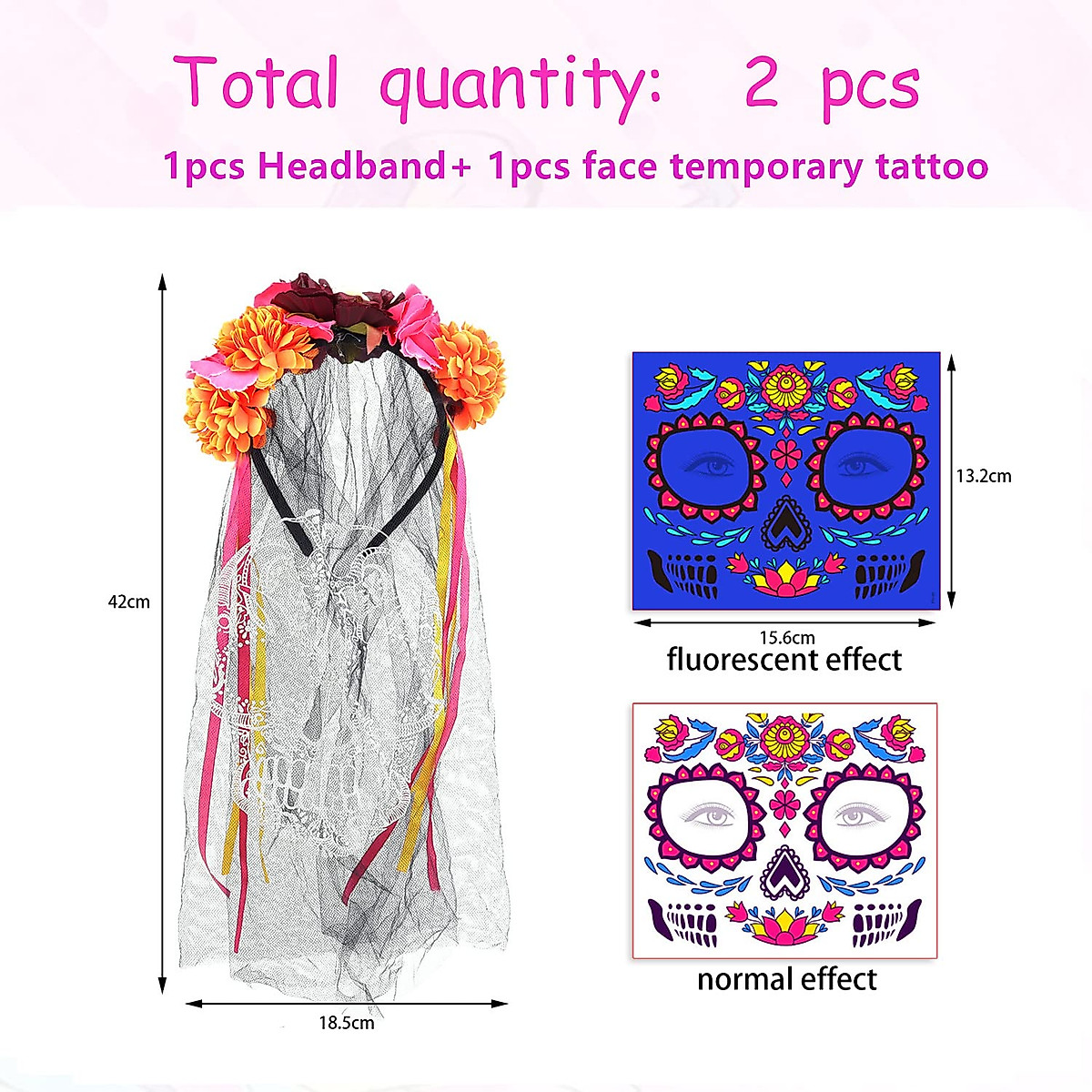 KEPATO 2Pcs Day of The Dead Headband, Mexican Flower Crown Veil Headpiece with Sugar Skull Print Face Tattoo for Women Halloween,Dia De Los Muertos