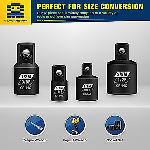 BLACKROBOT 4 Piece Impact Socket Adapter Set, 1/4" 3/8" 1/2" SAE Drive Socket Adapter Set, Square Adapter and Reducer Conversion Set for Impact Driver Wrench, Cr-Mo Steel