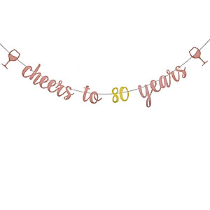 WEIANDBO Cheers to 80 Years Rose Gold Glitter Banner,Pre-Strung,80th Birthday/Wedding Anniversary Party Decorations Bunting Sign Backdrops,cheers to 80 years