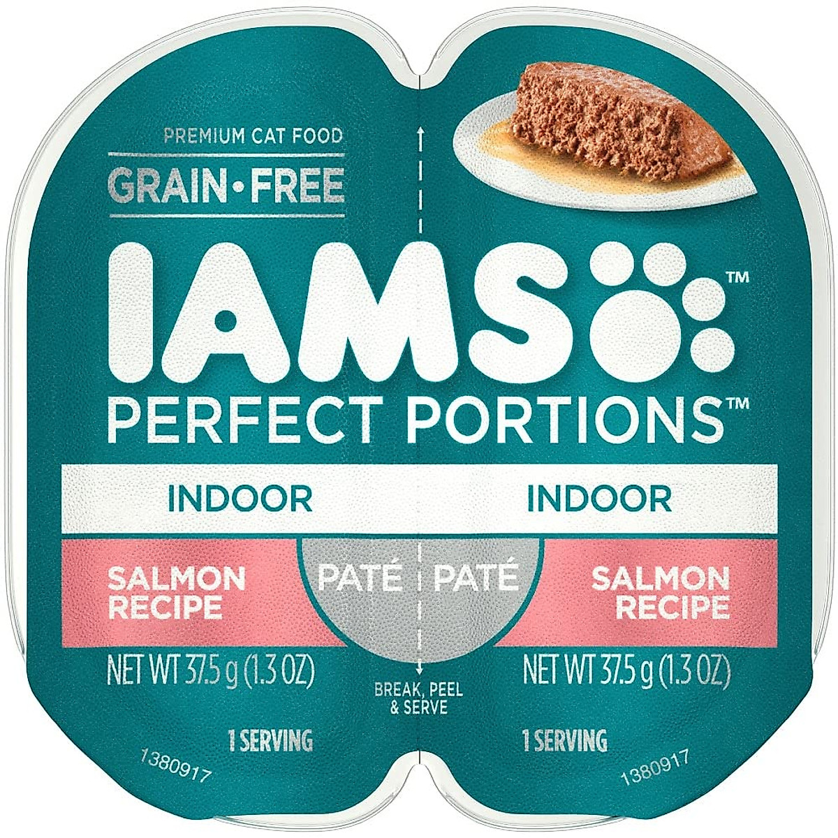 Iams Perfect Portions Grain Free Indoor Pate`Salmon Recipe (NET WT 1.3 OZ) Each Serving,1.3 Ounce (Pack of 8)
