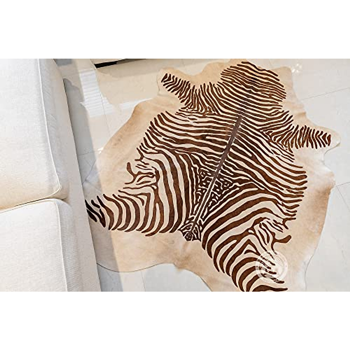 Zebra Print Brown on Beige Genuine Cowhide Rug 6 x 7 ft. 180 x 210 cm