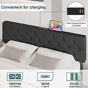 KIETLER King Size Bed Frame with Type-C & USB Ports， Adjustable Headboard， Upholstered Platform with Wooden Slats Support, Linen Fabric Wrap No Box Spring Needed, Easy Assembly, Dark Grey