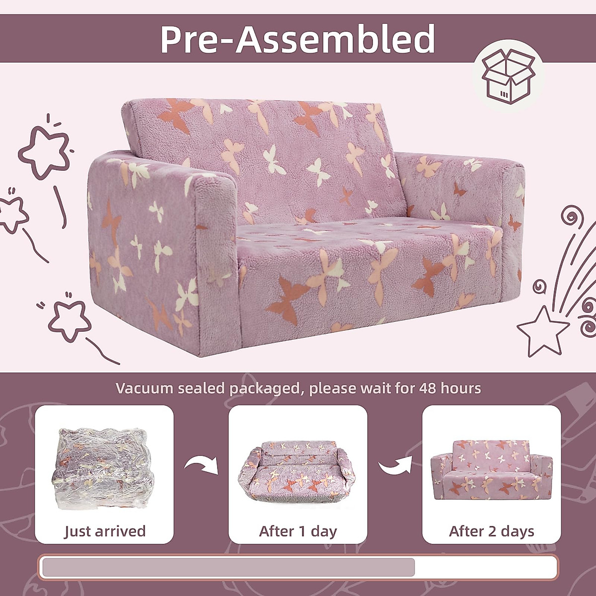 CREAWELLAY Comfy Toddler Couch Chair, Soft Chair for Kids 2 Seats, 2 in 1 Plush Fold Out Kid Sofa Chair, Convertible Sofa to Lounger Sleeper Chair for Girls and Boys, Glow Butterfly
