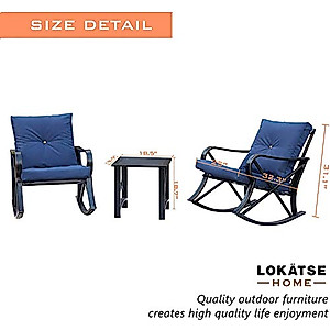 LOKATSE HOME 3-Piece Outdoor Patio Rocking Steel Furniture Bistro Set with 2 Rocker and 1 Metal Square Coffee Table(Blue Thickened Cushion)