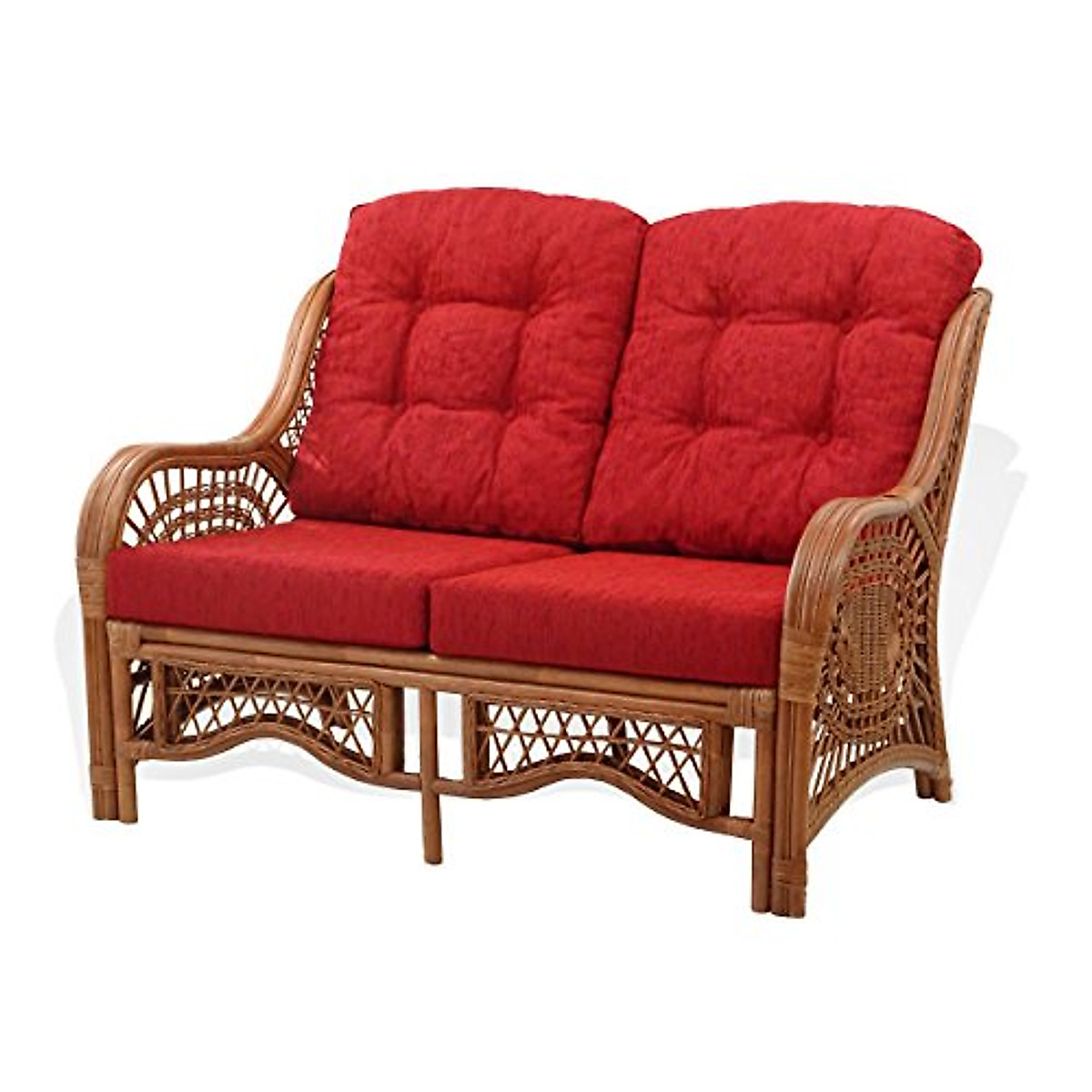 Malibu Lounge Set of 4: 2 Natural Rattan Wicker Chairs, Loveseat with Red Cushions and Coffee Table w/Glass Handmade, Colonial