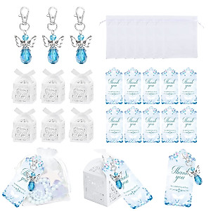 SaSbSc 30 Set Baptism Party Favors for Guest Angel Keychain with Memorial Thank You Tags Gift Bags Boxes Baptism Decoration Baby Shower Souvenirs Return Gifts for Boys