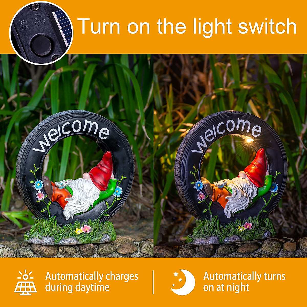 Ottsuls Solar Gnome Garden Statues for Outdoor, Resin Welcome Dwarf with Tyre&LED Lights, Sculpture Decor for Patio, Porch, Balcony, Yard, Lawn Ornament - Unique Holidays/Birthday Gift