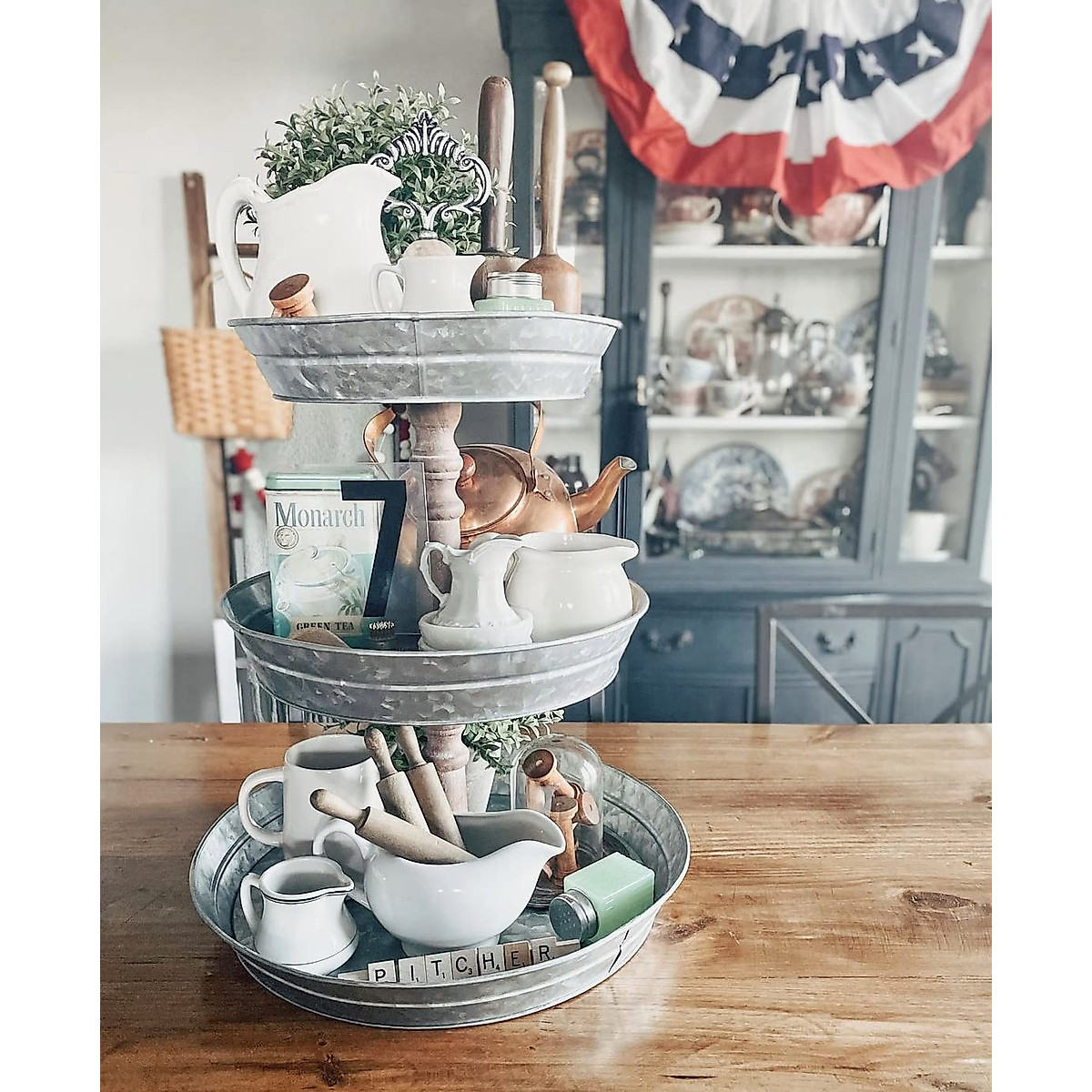 3 Tiered Tray Stand [XL] - Stunning, Extra Large Three Tiered Tray Stand, Farmhouse Tiered Tray, Cookie Display Stand, Metal Serving Tray, Galvanized Tiered Tray for Rustic Party Decor, Pastry Stand