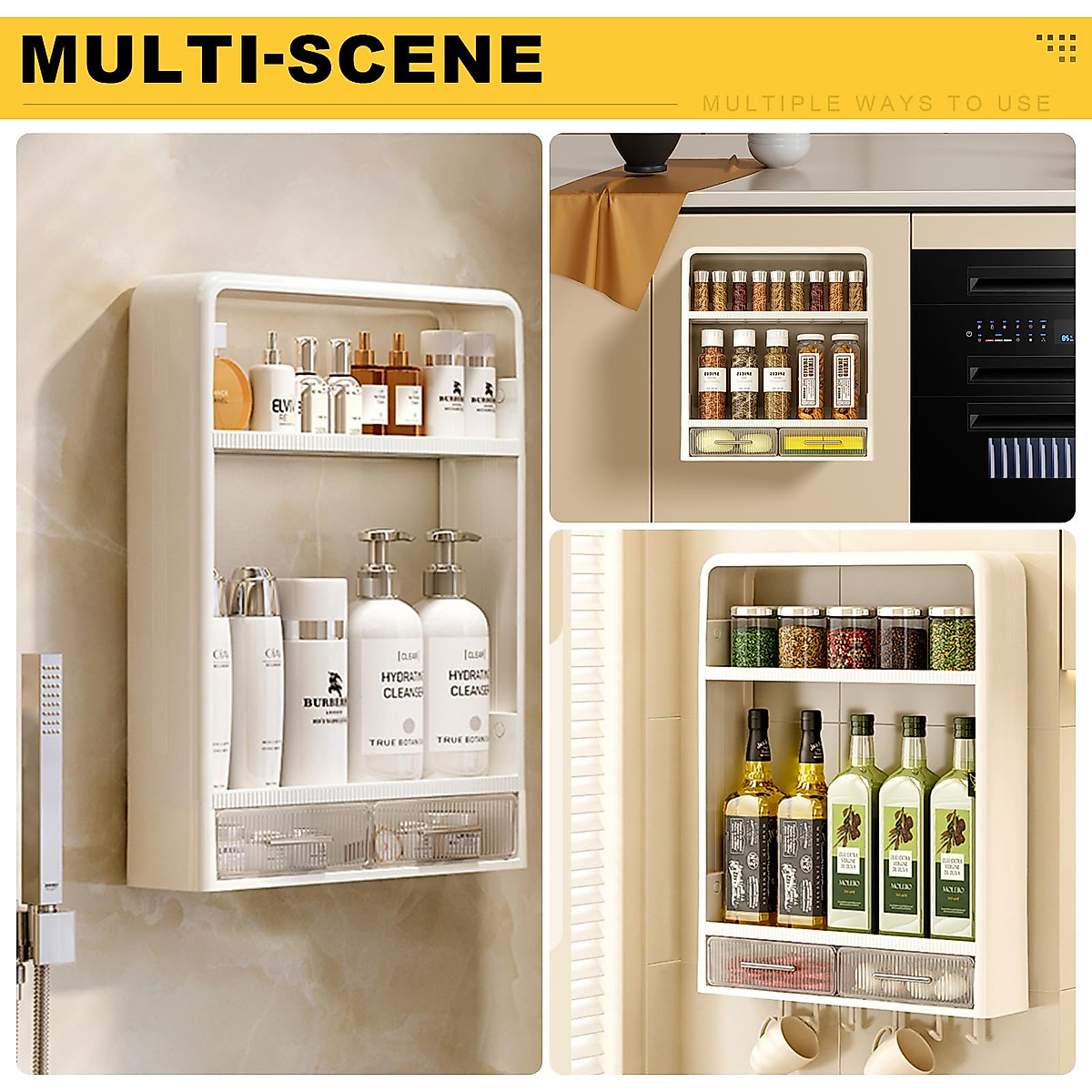 Oroonoko 2 Tier Plastic Bathroom Shelf Wall Mounted,Adhesive Shower Caddy Storage with 2 Drawers and 6 Hooks for Bathroom Kitchen Refrigerator (2 Tiers with Draws)