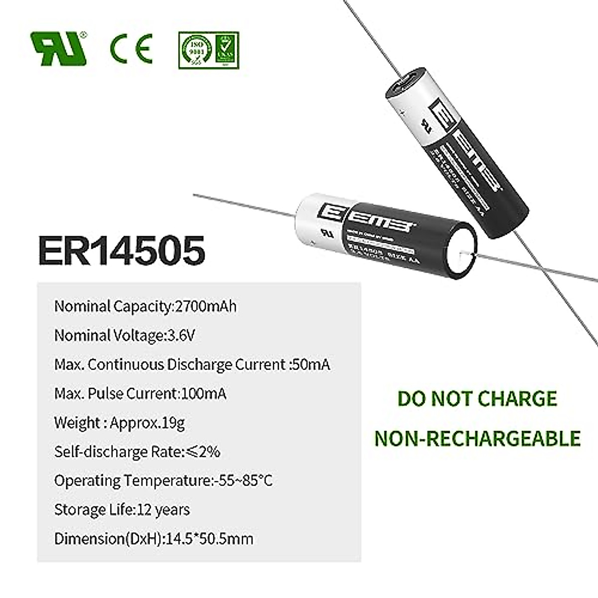 EEMB 100Pack ER14505 AA 3.6V Lithium Battery with AX Solder Tabs Li-SOCL₂ Non-Rechargeable Battery SB-AA11 LS14500 TL-5903 SL-360 S7-400 ER14500 for Chip Board/Sensor/Backup Power Supply/PLC Battery