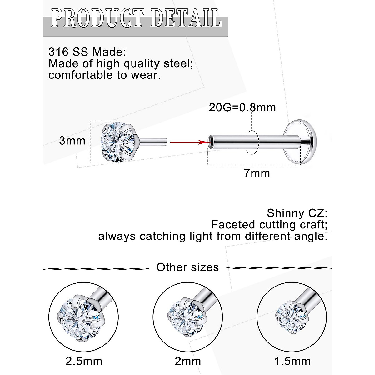 Lsnevsie 20G Push in Theadless Nose Rings Studs Stainless Steel Hypoallergenic Nose Rings Studs Piercing Jewelry for Women Men Diamond 1.5mm 2mm 2.5mm 3mm, Metal Crystal, stainless-steel