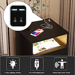 FREDEES Black Nightstand with LED Lights&2 USB Charging Station,Bedside Table with 2 Drawer&Open Storage Shelf, Modern Design End Side Table for Living Room,Smart Night Stand with Human Body Induction