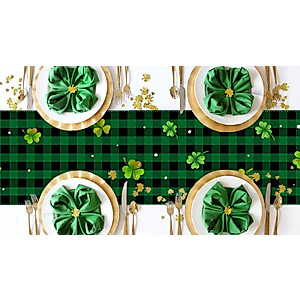 Sambosk Happy St. Patrick's Day Clover Table Runner, Spring Shamrock Green Black Buffalo Farmhouse Table Runners for Kitchen Dining Coffee or Indoor and Outdoor Home Parties Decor 13 x 72 Inches SK062