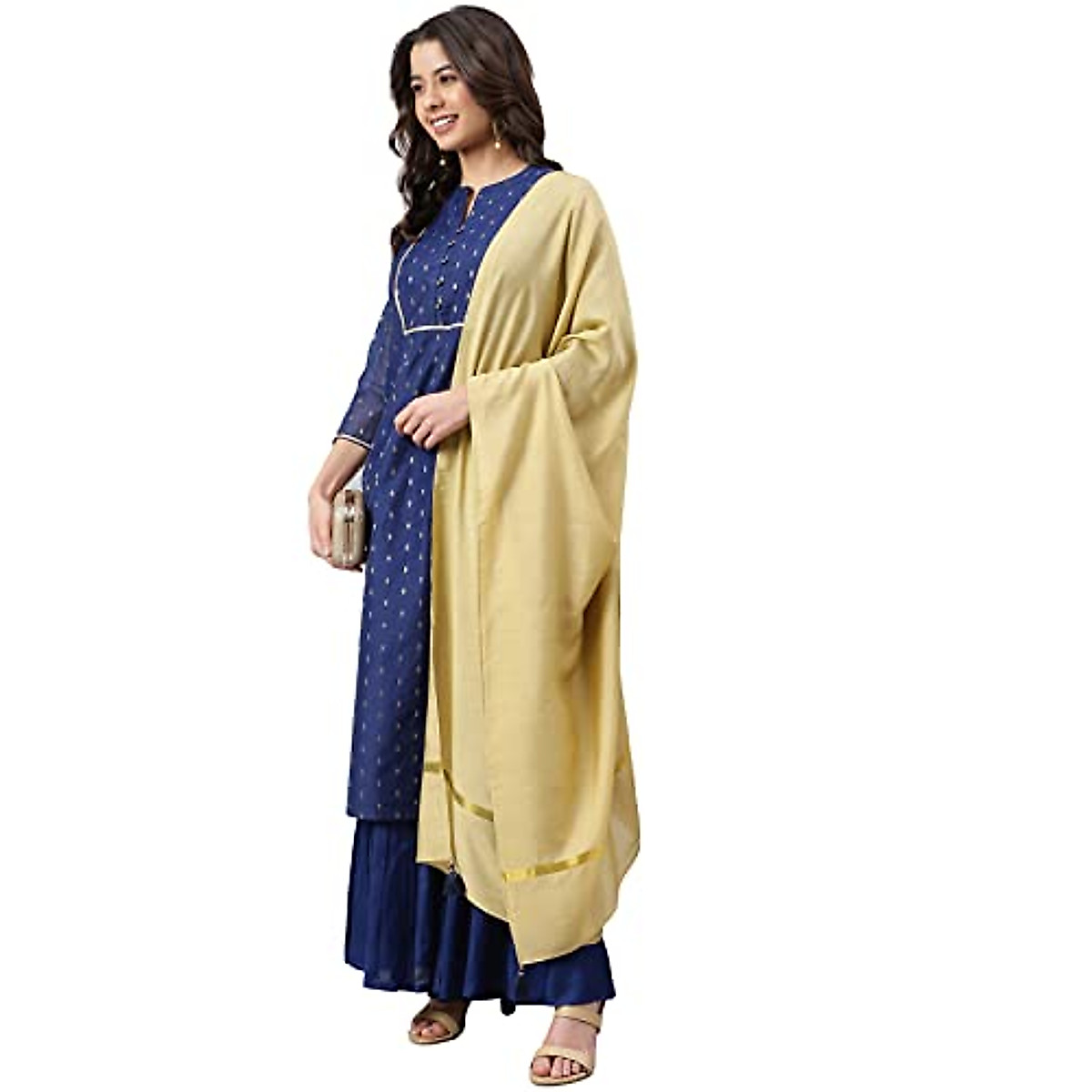 Janasya Women's Dark Blue Chanderi Silk Woven Kurta with Sharara and Dupatta(SET472-KR-SHA-S)