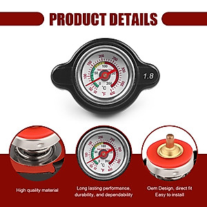 Fogfar 1 PC 1.8 Car High-Pressure Radiator Cap with Temperature Gauge, Durable Metal Automotive Modified Fuel Tank Cap, Universal Vehicle Radiator Cap Accessories for Motorcycle Truck SUV (Black)