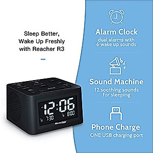 REACHER R3 Dual Alarm Clock and White Noise Machine with Adjustable Volume, 6 Wake Up Sounds, 12 Soothing Sounds for Sleeping, Auto-Off Timer, USB Charger, 0-100% Dimmer for Bedroom