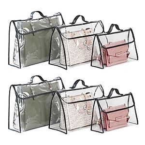 Univivi 6 Pack Dust Bags For Purses and Handbags,Clear Dust Covers Bag Organizer Closet Organizer System,Bedroom Handbag Organizer, With Magnet Button & Leather Handle (3 Size)
