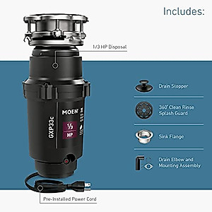 Moen GXP33C Lite Series PRO 1/3 HP Compact Continuous Feed Garbage Disposal for Kitchen Sink, Power Cord Included