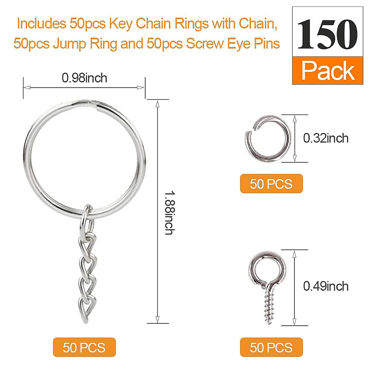 150PCS Key Chain Rings Kit, 1inch Key Chain Rings, Includes 50pcs Key Chain Rings with Chain, 50pcs Jump Ring and 50pcs Screw Eye Pins, for Crafts and Jewelry Making Key Chain Making Hardware Supplies
