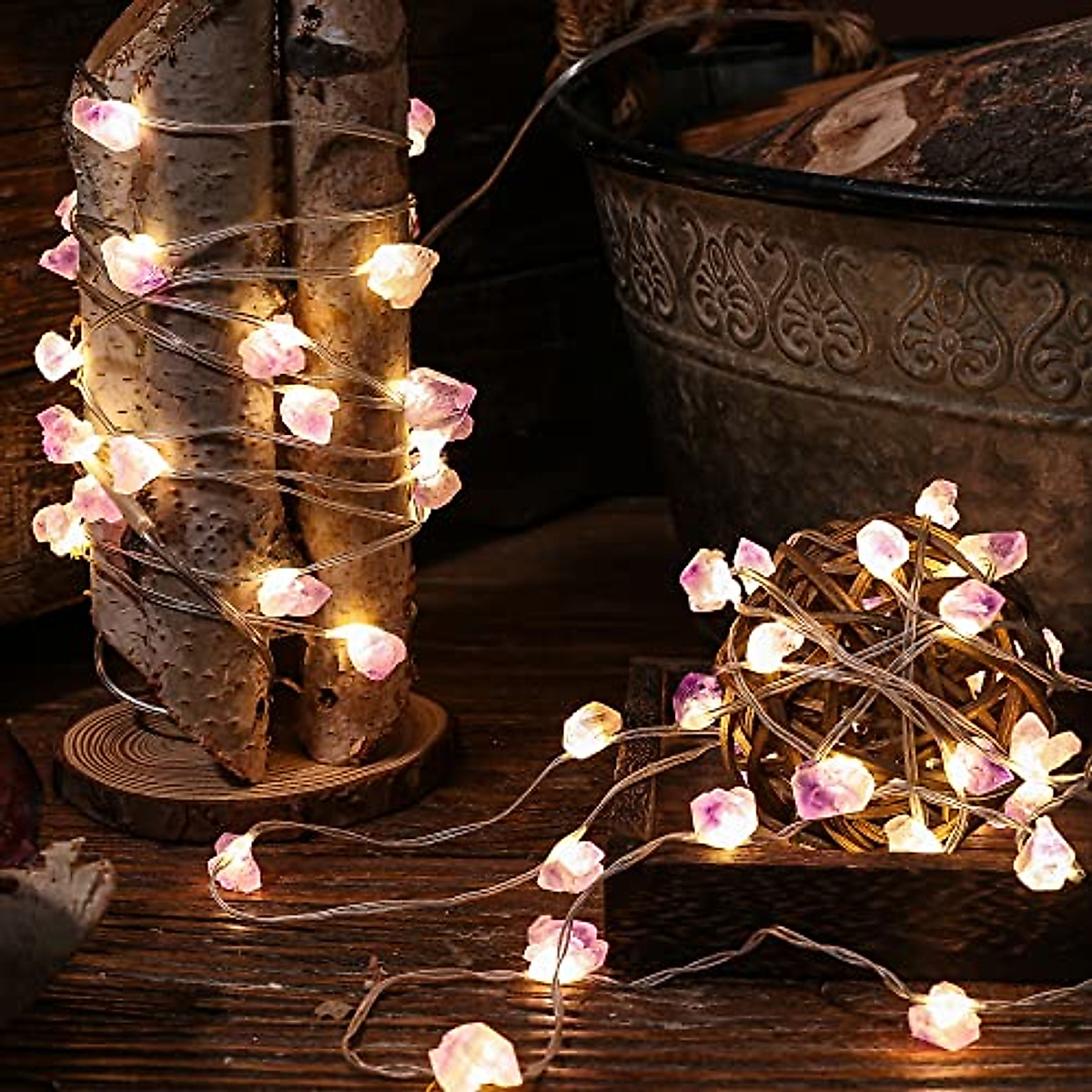 LUSHARBOR Crystal String Lights Indoor Battery Operated, Natural Fluorite String Lights, Amethyst Raw Stones Decorative Lights 9.8ft 30 LEDs String Lights for Bedroom Party Christmas Wedding Decor