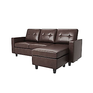 HONBAY Convertible Sectional Sofa Couch, L Shaped Sofa Couch with Faux Leather Sectional for Small Apartment, Brown