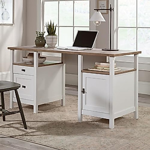 Sauder Cottage Road Computer Desk with Drawers, Home Office Desk with File Cabinet and Storage Shelves, in Soft White